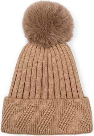 styleBREAKER Bonnet &agrave; Pompon tricot&eacute; pour Femmes Unicolore avec Motif c&ocirc;tel&eacute; et Doublure Polaire, Bonnet dhiver, Bonnet tricot&eacute; 04024198, Couleur:Marron Clair