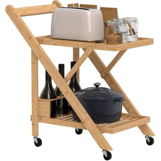 HOMCOM Desserte de cuisine en bambou chariot de service pliable 2 plateaux 4 roues 3 casiers &agrave; vin 66 x 40 x 70 cm bois naturel-Bois naturel
