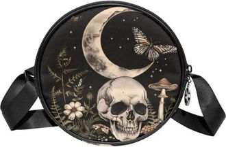 Generic Sac &agrave; bandouli&egrave;re rond pour femme, motif t&ecirc;te de mort et lune avec fermeture &eacute;clair, bretelles r&eacute;glables, sac &agrave; main rond d&eacute;contract&eacute; pour femmes et f
