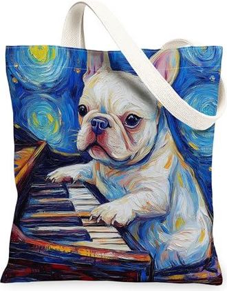 Generic Sac fourre-tout r&eacute;utilisable en toile pour le shopping, motif bouledogue fran&ccedil;ais, 33 x 38 cm, motif piano nocturne &eacute;toil&eacute;, sac d&eacute;picerie r&eacute;utilisable
