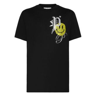 Philipp Plein Homme, Tops, Noir, Taille: 4XL T-shirt Col Rond MC Smile
