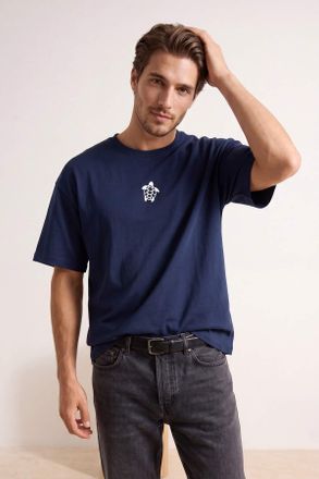 Trendyol MAN Herren Dunkelblau Animal-Print Kurz Oversize T-Shirts