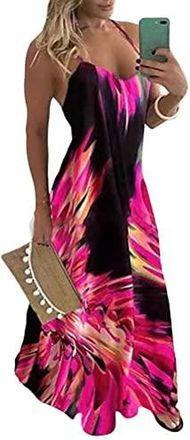 ORANDESIGNE Femme Robe Longue Vintage Boho Col Rond sans Manches Robe de Plage Floral B Rose Rouge 48