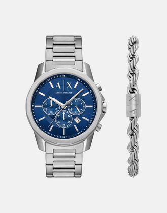 A|X Armani Exchange Coffret cadeau avec montre chronographe pour homme en acier inoxydable - Argent&eacute;