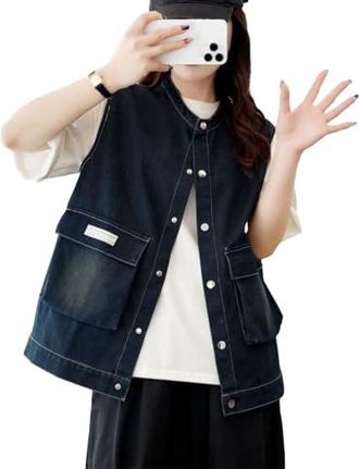 Generic Gilet en jean pour femme - Cardigan vintage en coton vieilli avec poche et col rond, bleu, M