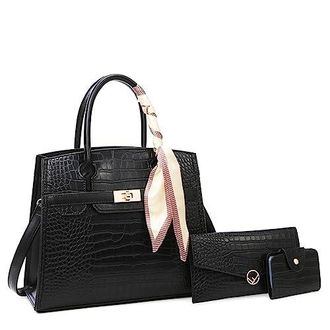 Generic Sac &agrave; bandouli&egrave;re pour femme avec poign&eacute;e sur le dessus, motif crocodile, sac &agrave; main en cuir, sacoche fourre-tout avec pochette 3 pi&egrave;ces, Noir, Large