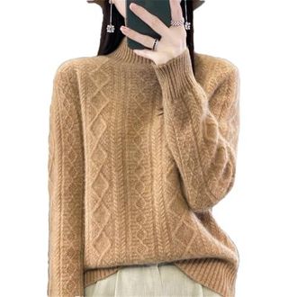 Generic Pull en cachemire chaud à manches longues torsadées et col haut pour femme 100 % laine mérinos, Marron doré gris, XL