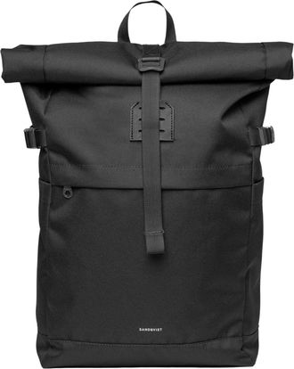 Sandqvist Unisex ICON Rolltop Backpack M Messenger Bag, Black/Black with Black Leather