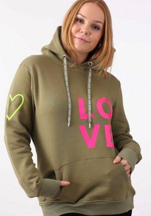 Zwillingsherz Kapuzensweatshirt mit gesticktem Neon Herz am &Auml;rmel und Love Schriftzug auf Kordel