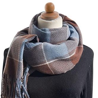Generic &Eacute;charpe chaude en laine pour femme - Longue &eacute;charpe &agrave; carreaux doux pour lautomne et lhiver - Ch&acirc;le &eacute;pais &agrave; franges - &Eacute;charpe en soie pour femme, bleu