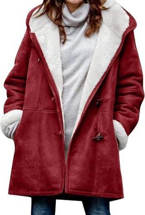 Generic Trench &agrave; capuche en daim pour femme, doublure en polaire sherpa, manteau mi-long avec boutons en corne, grande taille S-5XL, v&ecirc;tements dext&eacute;rieur dhiv