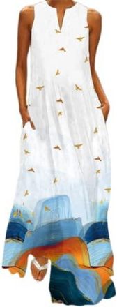 Ocean Plus Femme Jupe Longue Vintage Print V-Neck Robe sans Manches Robe dété (XL, Vagues de mer et Oiseaux Volants)