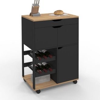IDMarket K&uuml;chenwagen COSY mit Schr&auml;nken und Flaschenablage aus Holz und Schwarz