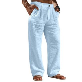Generic Pantalon d&eacute;contract&eacute; en coton et lin pour homme - Coupe droite - Coupe ample - Pantalon de plage l&eacute;ger - Taille &eacute;lastique - Pantalon chino de vacances