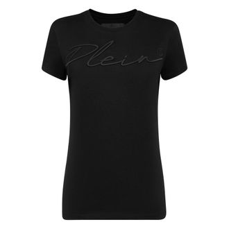 Philipp Plein Femme, Tops, Noir, Taille: 36 FR T-Shirt Col Rond Signature