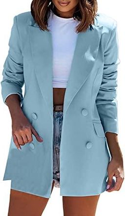 Generic IQYU Blazer femme longue cintr&eacute;e : veste blazer ouverte sur le devant manches longues veste demi-saison bureau haut veste de costume surdimensionn&eacute;e f