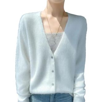 Generic Cardigan en cachemire pour femme 100 % vison - Veste ample - Col en V - Manches longues, blanc, Taille XL