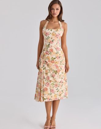 House of CB Tallulah - Robe mi-longue dos nu en coton &agrave; imprim&eacute; roses - Couleurs chaudes-Blanc