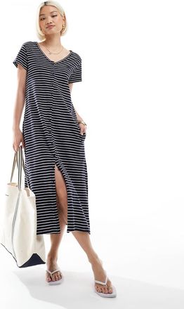 Superdry Kurz&auml;rmliges Midikleid aus Jersey in Marineblau und Optischwei&szlig; gestreift mit Knopfleiste
