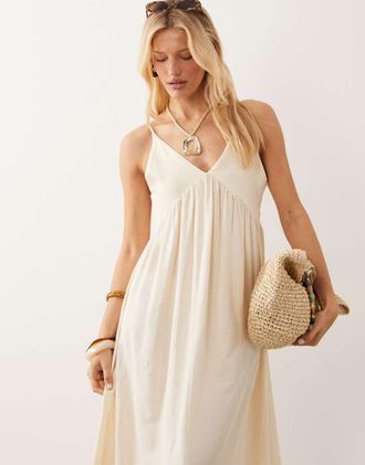 Asos Robe d&eacute;t&eacute; longue en lin m&eacute;lang&eacute; avec d&eacute;collet&eacute; plongeant en V - Ivoire-Blanc