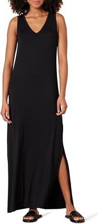 Amazon Essentials Robe en Jersey Très Longue, Encolure en V, Fendue sur Le Côté Femme, Noir, XL