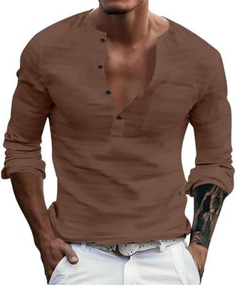 Generic T-shirt &agrave; manches longues pour homme - Style vintage - En coton - Grandes tailles - Col montant - Chemise de plage - Col rond - Chemise d&eacute;t&eacute; &eacute;l&eacute;gante 