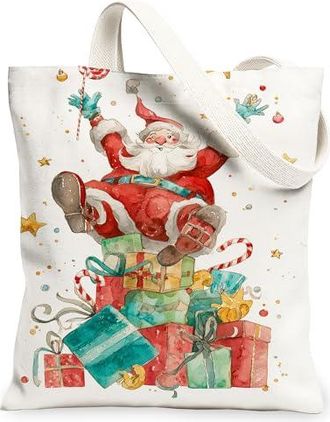 Generic Sacs fourre-tout fantaisistes en toile motif P&egrave;re No&euml;l, sacs de courses r&eacute;utilisables, amusants et festifs, l&eacute;gers et lavables en toile pour cadeaux, 