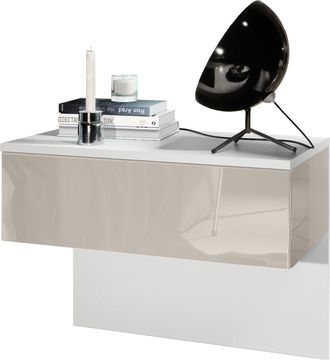 Vladon Nachttisch Sleep, Made in Germany, Nachttischschrank mit Schublade zur Wandmontage, Weiß matt/Sandgrau Hochglanz (60 x 46 x 35 cm)