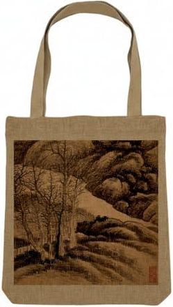 Fabulous Sac Shopping Tote Bag Aspect Lin - Estampe Japonaise/D&eacute;tail Village dans la Montagne/Art D&eacute;licat Original Vintage - Sac de Courses Toile Epaisse 360g 