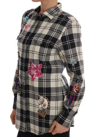 Dolce & Gabbana Womens Embellished Wool Check Blouse Black