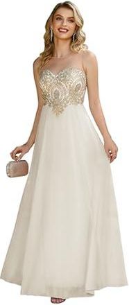 MisShow Robe Anniversaire Femme Col coeur Zip Taille Empire Robe Bal de Promo Longue à Dentelles Appliques Cristaux Ivoire 42