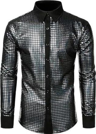 Generic Chemise d&eacute;contract&eacute;e &agrave; manches longues pour homme avec revers brillant et paillettes, Noir, XXL