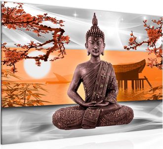 Runa Art Bild Buddha Feng Shui Modern Wandbilder Wohnzimmer Schlafzimmer 1 Teilig - Made In Germany - Kirschblume Grau Orange Flur 504915c