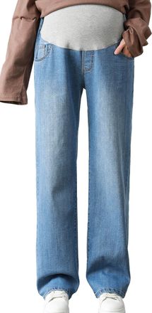 Feoya Damen Umstandsjeans Bodenlange Hosen Umstandshosen Bauchst&uuml;tzhosen Jeans Hohe Taille Schwangerschafts Weites Bein Schwangere Jeanshosen Blau 3XL