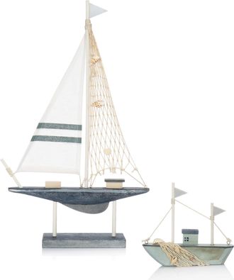 Com-Four 2X maritimes Deko-Segelschiff aus Holz in 2 Größen - dekorative Holzboote mit Mittelmeer-Flair fürs Badezimmer [Farbauswahl variiert] (2 Stück Segelbo