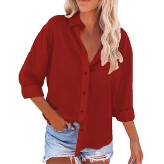 Generic Chemise d&eacute;t&eacute; en coton et lin pour femme, grande taille, boutonn&eacute;e, d&eacute;contract&eacute;e, coupe ample, vacances, plage, v&ecirc;tements, Rouge, 3XL