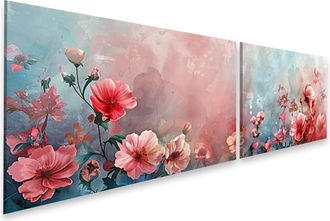 Islandburner Prime Bild auf Leinwand Aquarellmalerei mit DREI Blumen in Pink, Blau, Orange und sanften Pastellbl&auml;ttern Bilder Wandbilder Poster