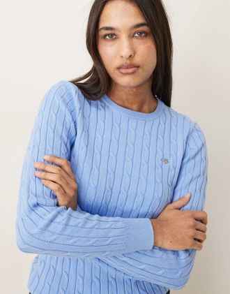 GANT Strickpullover in Kobaltblau mit Zopfmuster