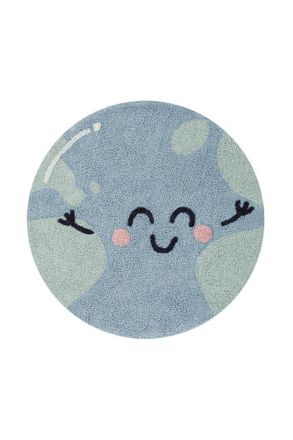 Lorena Canals Waschbarer Teppich Big World - Aqua Blue, Light Green, Dark Grey, Peach - 97% Baumwolle 3% andere Fasern, Basis: recycelte Baumwolle - &Oslash; 100 cm