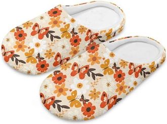 Coloranimal Pantoufles dint&eacute;rieur r&eacute;utilisables en coton pour femme - Pour chambre dinvit&eacute;s - Chaussures dint&eacute;rieur tendance &agrave; bout ferm&eacute;, Fleur Orange Papillon, 
