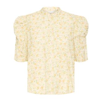 Ichi Gelbe Blumenbluse mit Puff&auml;rmeln - - Blouses & Shirts - Damen - Mehrfarbig - XL