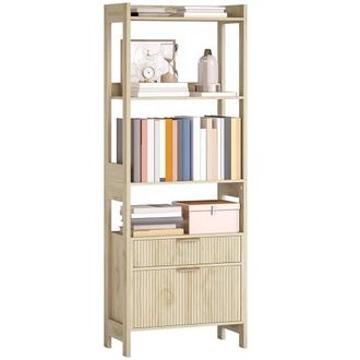 HOMCOM Biblioth&egrave;que Haute, Meuble de Rangement avec 4 &eacute;tag&egrave;res Ouvertes et 2 tiroirs cannel&eacute;s, poign&eacute;es dor&eacute;es, Style Moderne, pour Salon, Bureau, Chambre, 6
