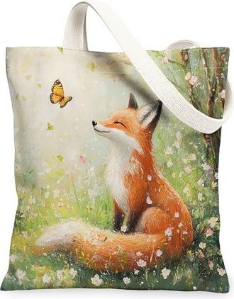 Generic Sac fourre-tout en toile motif renards printaniers 33 x 38 cm, motif papillons amusants, sac d&eacute;picerie r&eacute;utilisable pour femme, peinture de voyage, d&eacute;