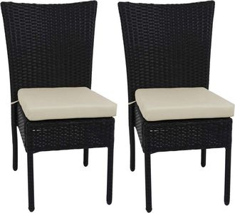 Hhg 2er-Set Poly-Rattan Stuhl 949, Balkonstuhl Gartenstuhl, stapelbar schwarz, Kissen creme