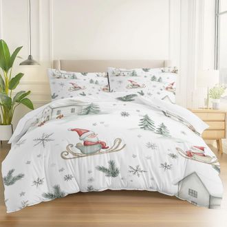 Generic Bettwäsche Weiß 180 x 200 cm Weihnachten Süße Zwerge Wende Bettwäsche Set, Weiche Microfaser Bettbezug mit Reißverschluss und 80x80cm Kissenbezug