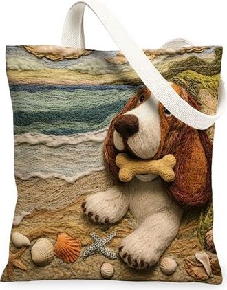 Generic Sac fourre-tout amusant en toile motif basset hound pour faire du shopping, 33 x 38,1 cm, sac d&eacute;picerie r&eacute;utilisable pour femme, peinture danimaux dom