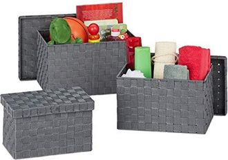 Relaxdays Aufbewahrungskorb 3er Set, mit Deckel, 3 Gr&ouml;&szlig;en, geflochten, PP-Kunststoff, eckiger Badezimmer Korb, grau