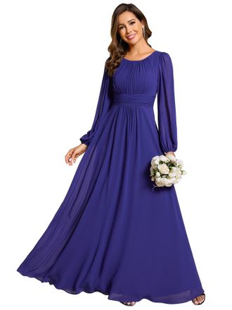 Ever-pretty Damen Abendkleid Lang Elegant Maxi Hochzeit Lange &Auml;rmel Chiffon Brautjungfernkleider Ballkleid Saphirblau 42