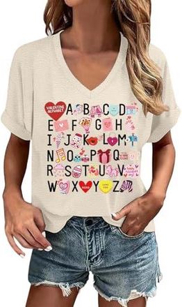 Generic T-shirt d&eacute;t&eacute; &agrave; manches courtes et col en V de couleur unie pour femme 2026, beige, L