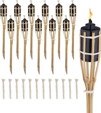 Relaxdays Gartenfackeln für draußen, 12er Set, 50 cm, Bambusfackeln Gartenparty Deko, Ölfackeln mit Ersatzdocht, Natur